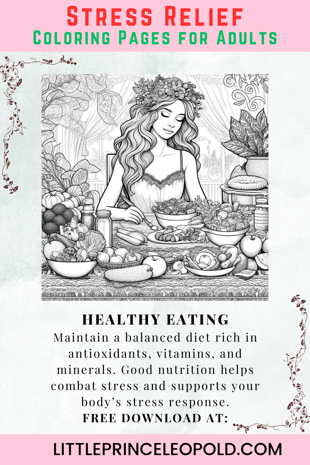 Stress Relief Coloring Pages for Adults – Healthy Eating - Laugh Love Leo